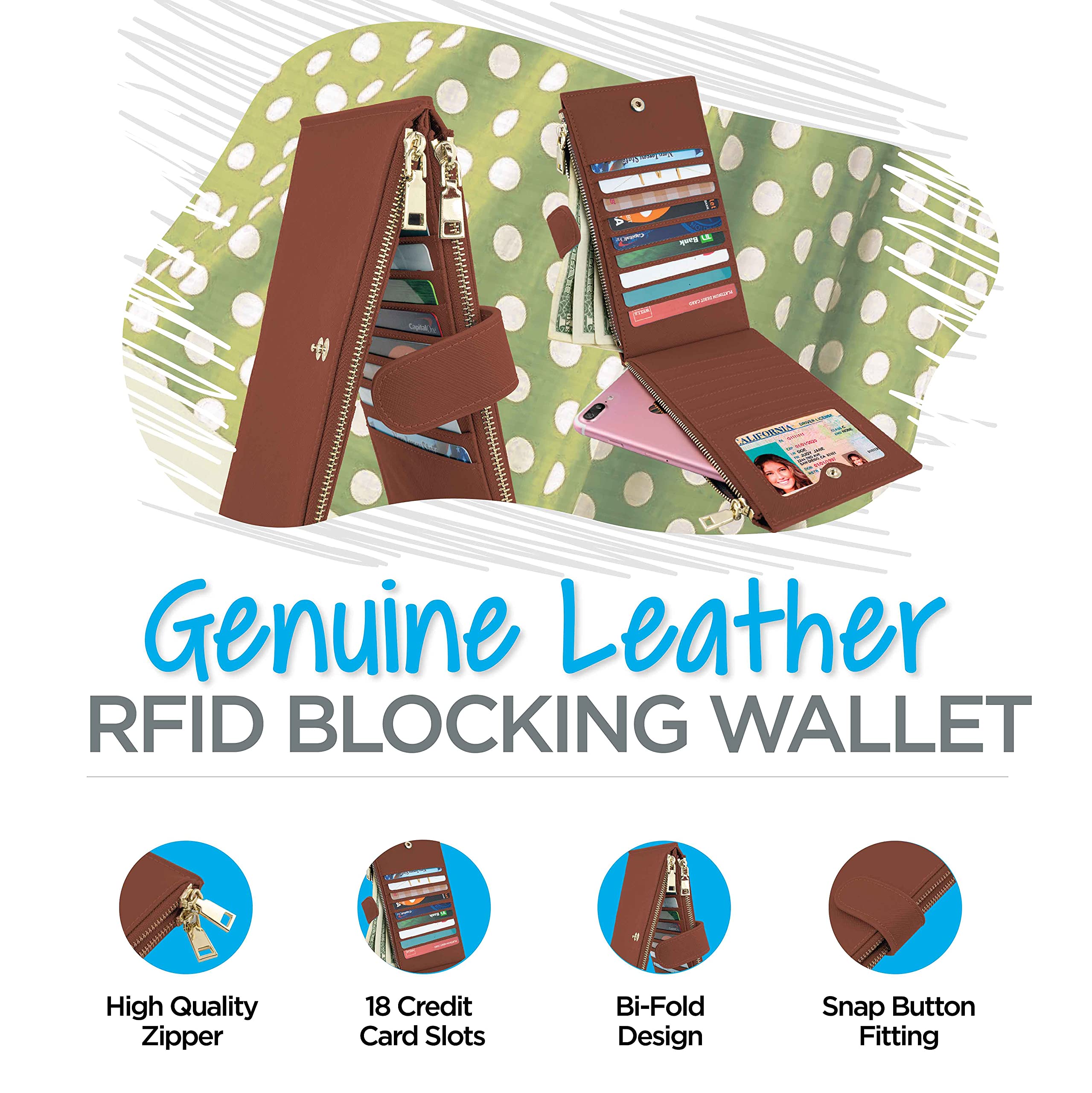 Maze Exclusive RFID Blocking Wallet for Women | Attractive Design with Genuine Leather, Zipper Pocket, Bifold Feature | Hold and Protect Your Cards Everywhere You Go (Brown)