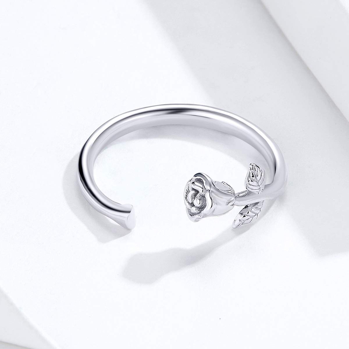 BISAER 925 Sterling Silver Rose Flower Ring for Women Adjustable Stacking Wedding Engagement Rings
