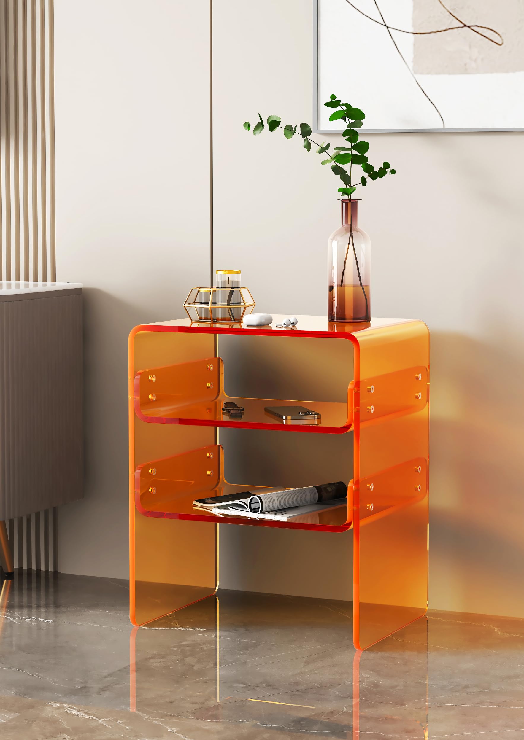 Clear Acrylic 3-Tier End Table/Nightstand β Sleek Bedside Storage with Durable Design, Perfect for Bedrooms, Living Rooms, or Modern Interiors β Ideal as a Bedside Table or Sofa Side Piece (Orange)