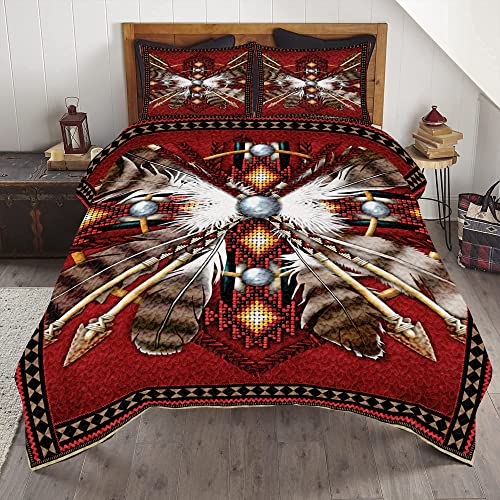 Feather Native American Quilt Bedding Set Duvet Cover for Boys Girls Women Men Room Decor Twin Size Red Pattern Quilt Set Spirit Bedding for Toddler Girls Native American Lovers