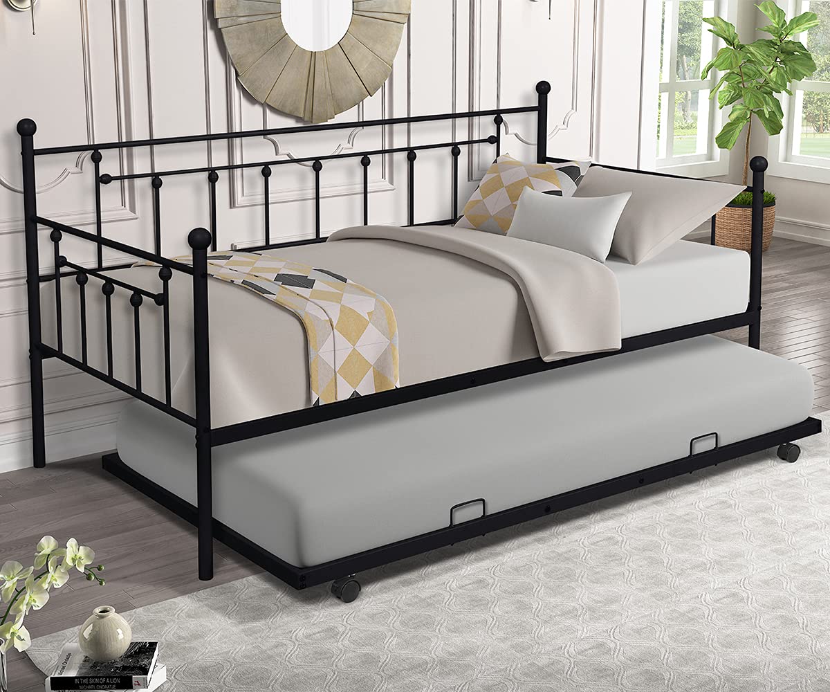 GNIXUU Metal Living Room Guest Bed Heavy Duty Twin Size Daybed with Pull Out Trundle Vintage Metal Trundle Bed Frame for Guest Room,Bedroom (Black)
