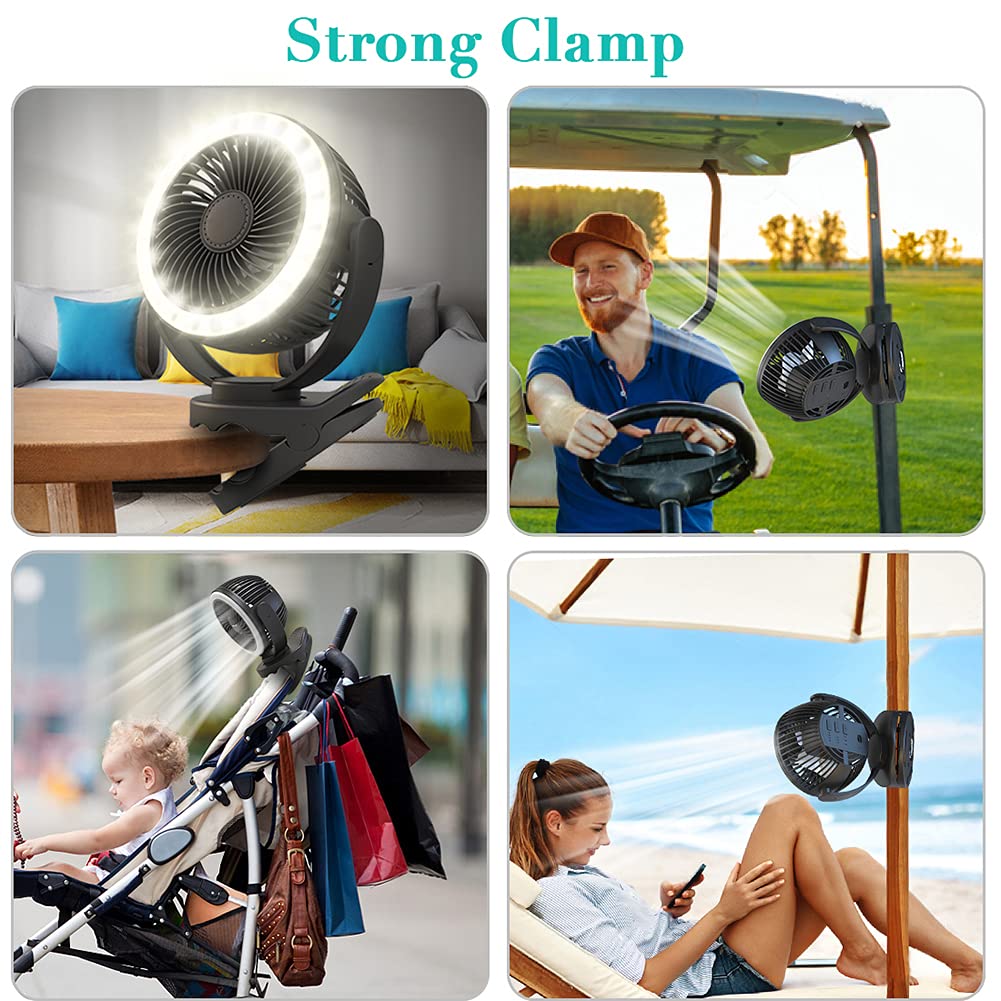 SLENPET 10000mAh Rechargeable Clip on Fan with Light, 40H Working Time, 360°Rotatation, 4 Speeds Adjustment, 2-6H Three Levels Time Setting, Portable Camping Fan with Hanging Hook Desk Fan (Black)