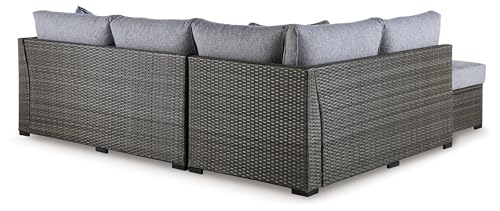 Signature Design by Ashley Petal Road Casual Weather Resistant Cushioned Outdoor Loveseat Sectional/Ottoman/Table Set with 2 Throw Pillows, Set of 4, Gray
