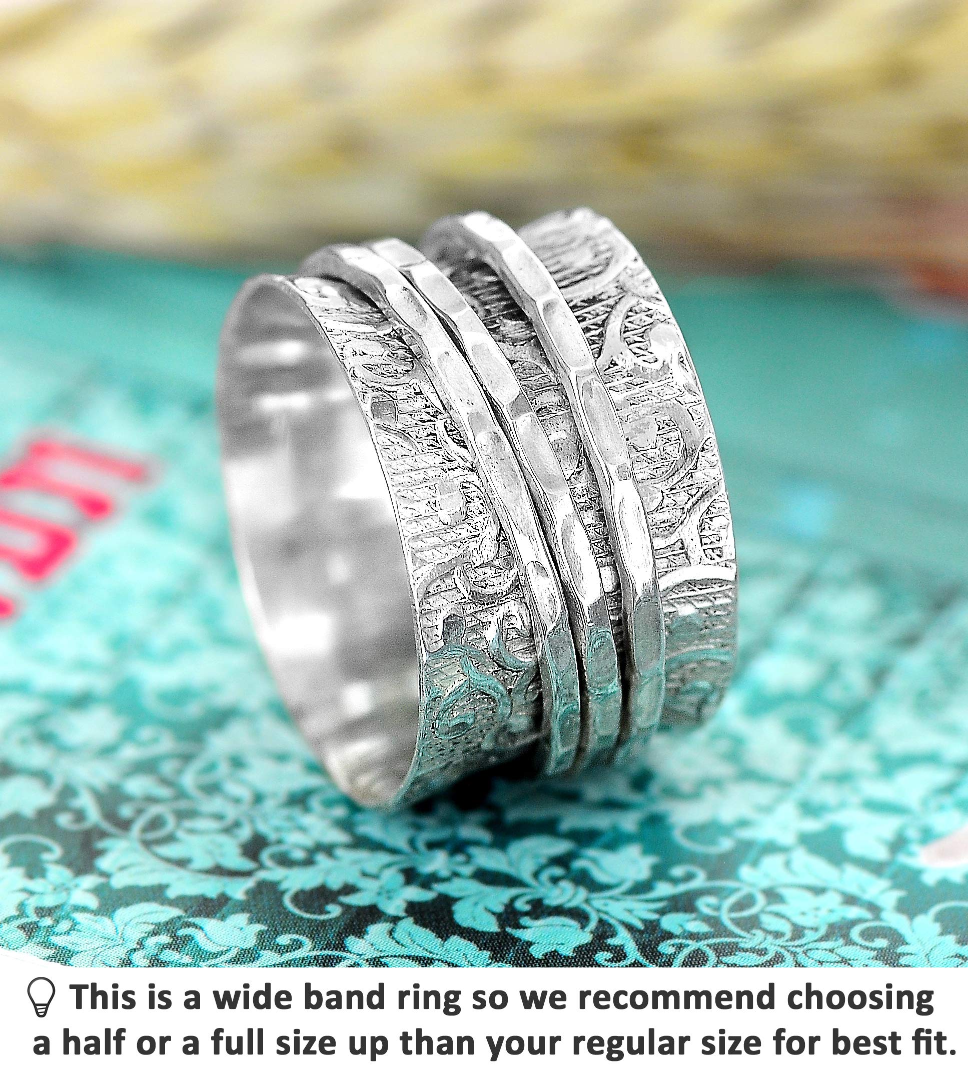 Boho-Magic 925 Sterling Silver Spinner Ring for Women | 3 Spinning Rings Bands | Fidget Meditation Anxiety | Wide Statement Chunky Jewelry Size 7-9 (8)