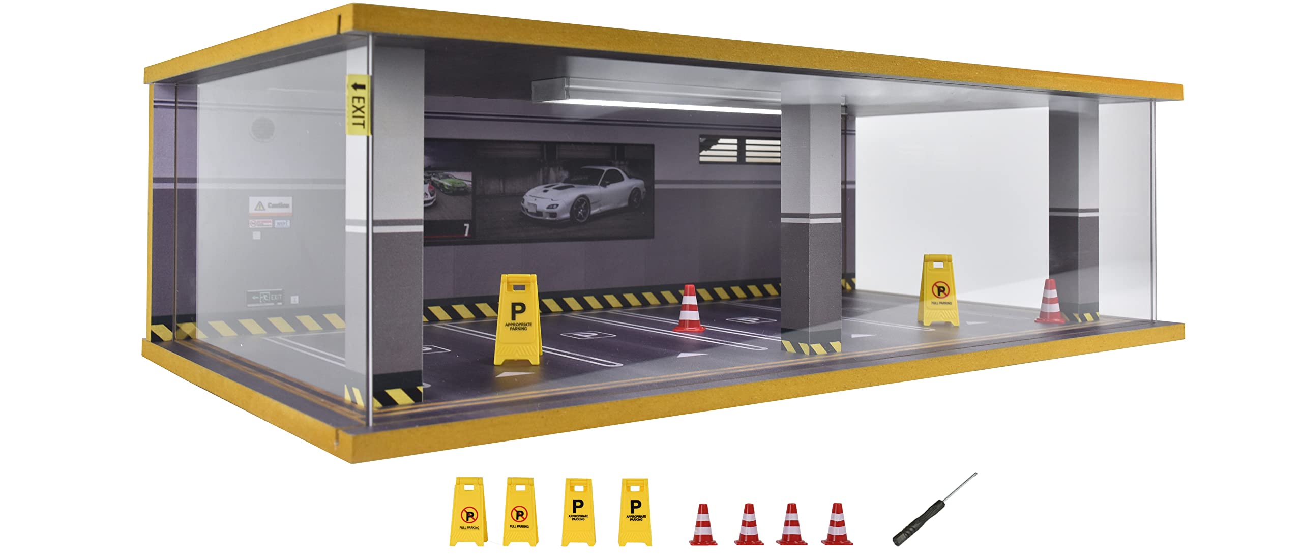 Otypus 1/24 Scale Model Car Display Case with Light, 1 24 Diecast Cars Storage Cases in Parking Lot Scene, Acrylic Toy Garage for Alloy Car Models (Grey-8 Parking Place)