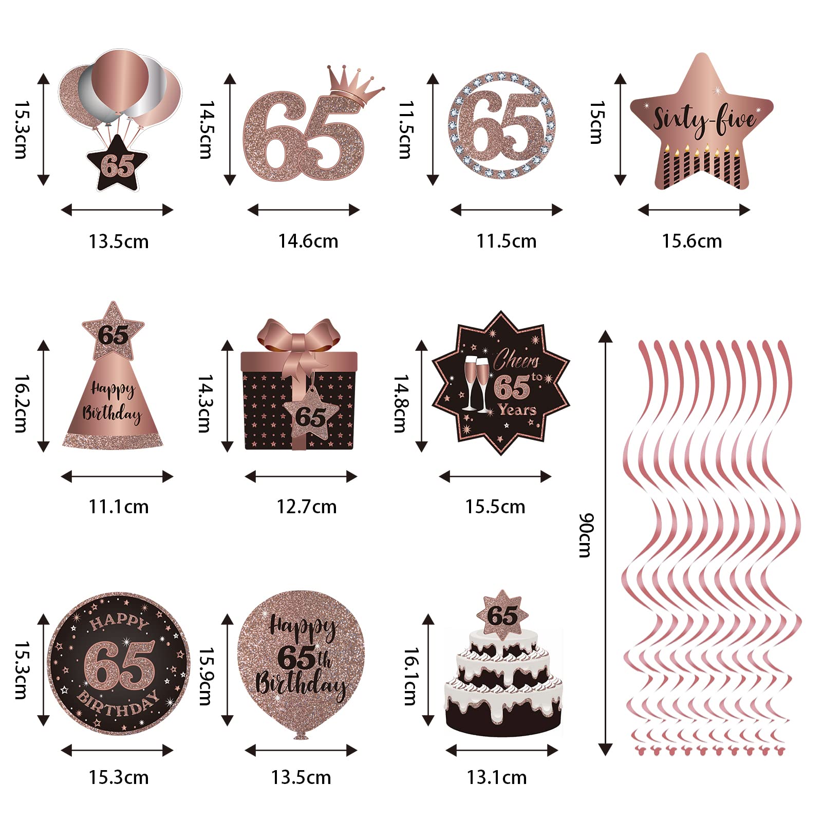 Happy 65th Birthday Party Hanging Swirls Streams Ceiling Decorations, Celebration 65 Foil Hanging Swirls with Cutouts for 65 Years Old Rose Gold Birthday Party Decorations Supplies