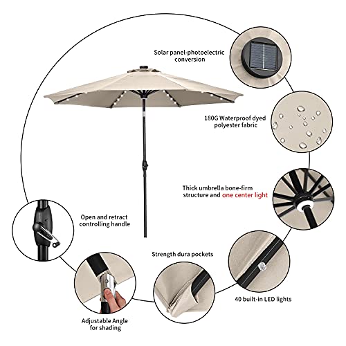 GDY 10Ft Patio Umbrella, Solar Powered 40 LED Lighted Aluminum Outdoor Table Market Umbrella with Tilt and Crank (Khaki)