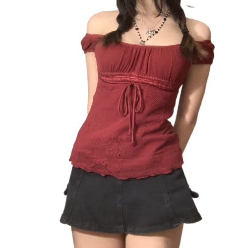 Fairy Grunge Y2k Shirts Vintage Graphic Print Aesthetic Crop Tops Short Sleeve Lace 90s E Girls Slim Fit Summer Going Out Tees (Red Square Neck Solid Color Floral Patchwork, X-Large)