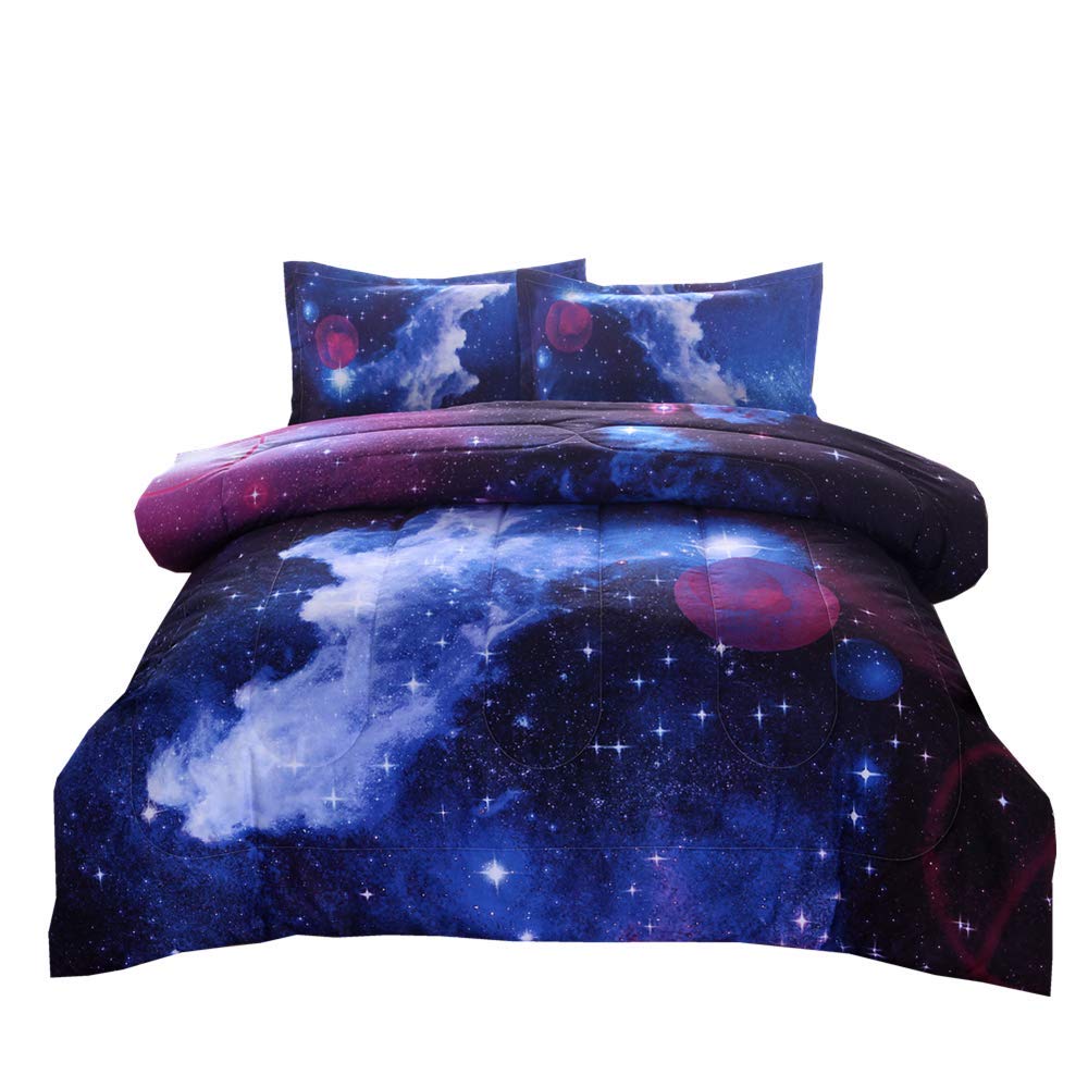 Birsppy PomCo Galaxy Comforter Full (79x90 Inch), 3Pcs(1 Galaxy Comforter & 2 Pillowcases) 3D Space Outer Sky Microfiber Bedding Set, Universe Cloud Galaxy Comforter Set for Boy Girl Teen Kid Adult
