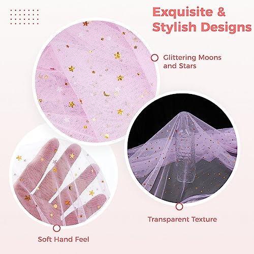 Gold Glitter Sequin Tulle Fabric Star Moon Tutu Skirt Dress Sewing, 63" x 11 Yard Birthday Ribbon Wedding Veil Backdrop Decoration Gauze