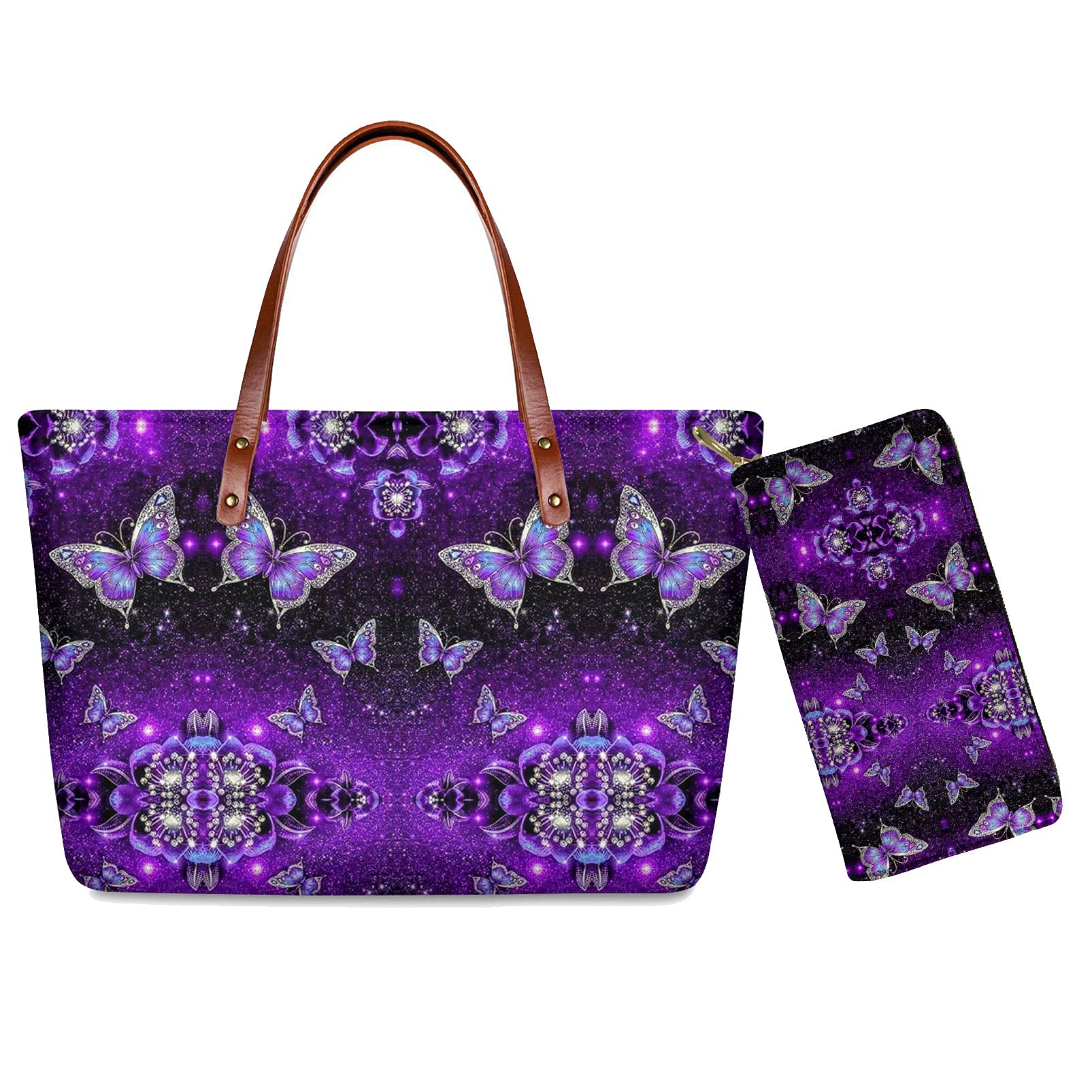 WELLFLYHOM Butterfly Wallet and Purse Set for Women Floral Galaxy Purple Handbags and Purses Ladies Summer Tote Hand Bags Medium Top Handle Bag Satchel
