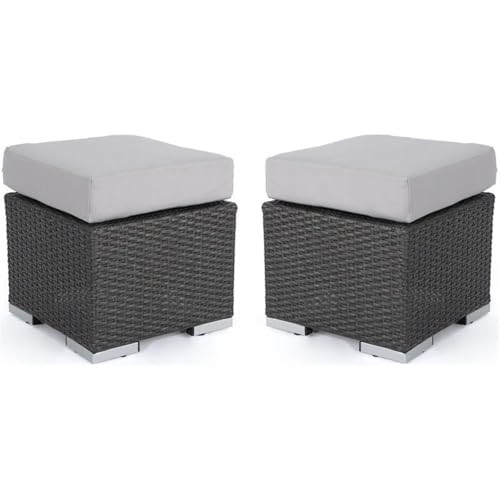 GDFStudio Outdoor 16 Inch Grey Wicker Ottoman Seat with Silver Water Resistant Cushion (Set of 2)