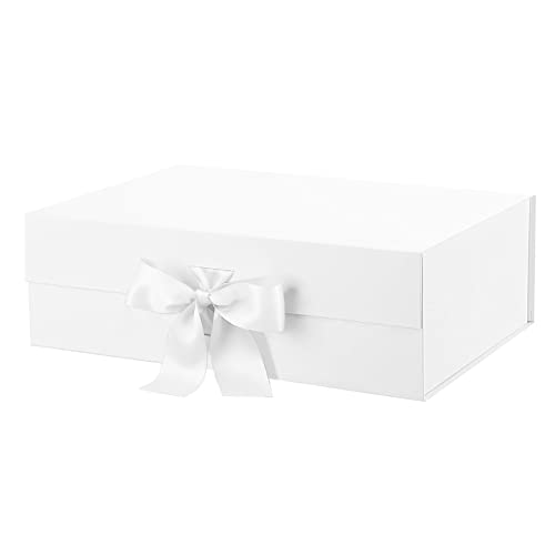 HAPPY POTATO Large Gift Box with Ribbon 13.5x9x4.1 Inches, White Gift Box with Lid Large, Bridesmaid Proposal Box, luxury Gift Box for presents (Glossy White)