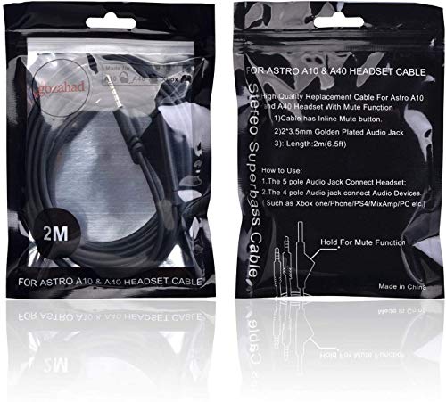 YARENKA Replacement Astro A10 A40 Cable - 2.0M Astro A40 TR Inline Mute Cable Cord for Astro A10/A40 Gaming Headsets Xbox One PS4 PS5 Controller Headphone Audio Extension Cable 6.5 Feet Black