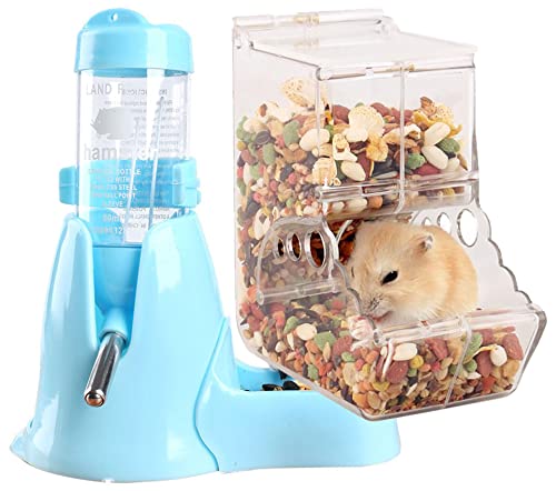 Hamster Automatic Feeder Dispenser for Small Animal Rhamster Ferret Bunny Rabbit Pig Hedgehog Bird Feed Pets, Mini Auto Food Feeding Cage Water Bowl for Vacation(1pcs Feeder+1pcs Water Bowl(Blue)