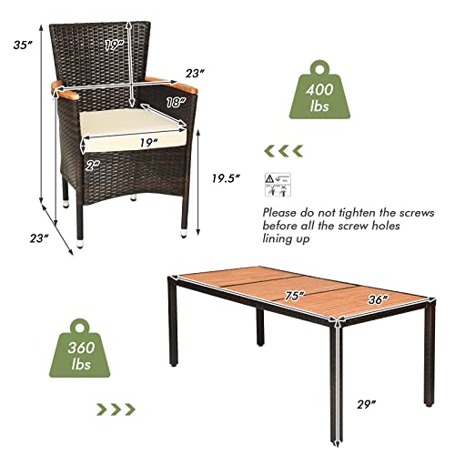 GLACER 9 Pieces Outdoor Patio Dining Set, 75" Large Acacia Wood Wicker Dining Table & Stackable Cushioned Chair Set, Rattan Dining Furniture Set for Backyard, Garden, Poolside, Patio Dining Set for 8