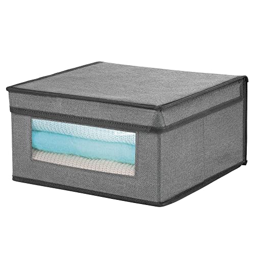 mDesign Medium Fabric Stackable Closet Storage Organizer Box with Front Window/Lid for Bedroom, Office, Mudroom Organization, Hold Clothes, Blankets, Linens, Lido Collection, Dark Gray/Black