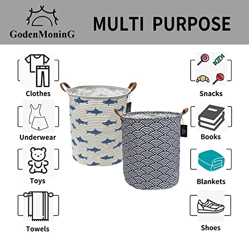 Collapsible Laundry Basket - GodenMoninG 2X 62.8L Large Sized Round Waterproof Storage Bin with Leather Handles,Home Decor,Toy Organizer,Children Nursery Hamper.(2 PACKS,Grey Striped Shark & Blue Wave)