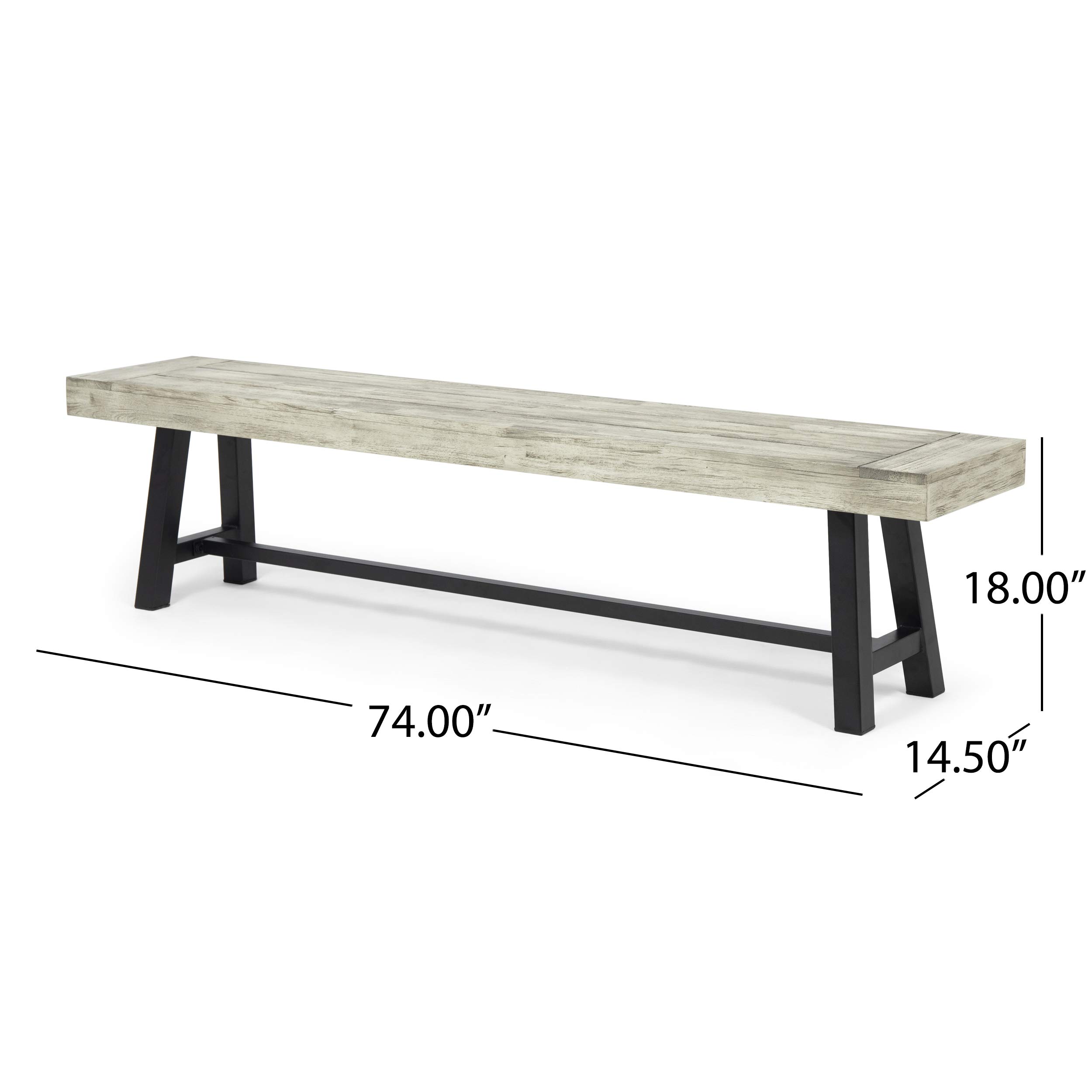 GDFStudio Outdoor Acacia Wood Bench, Sandblast Light Gray Wash and Black Metal