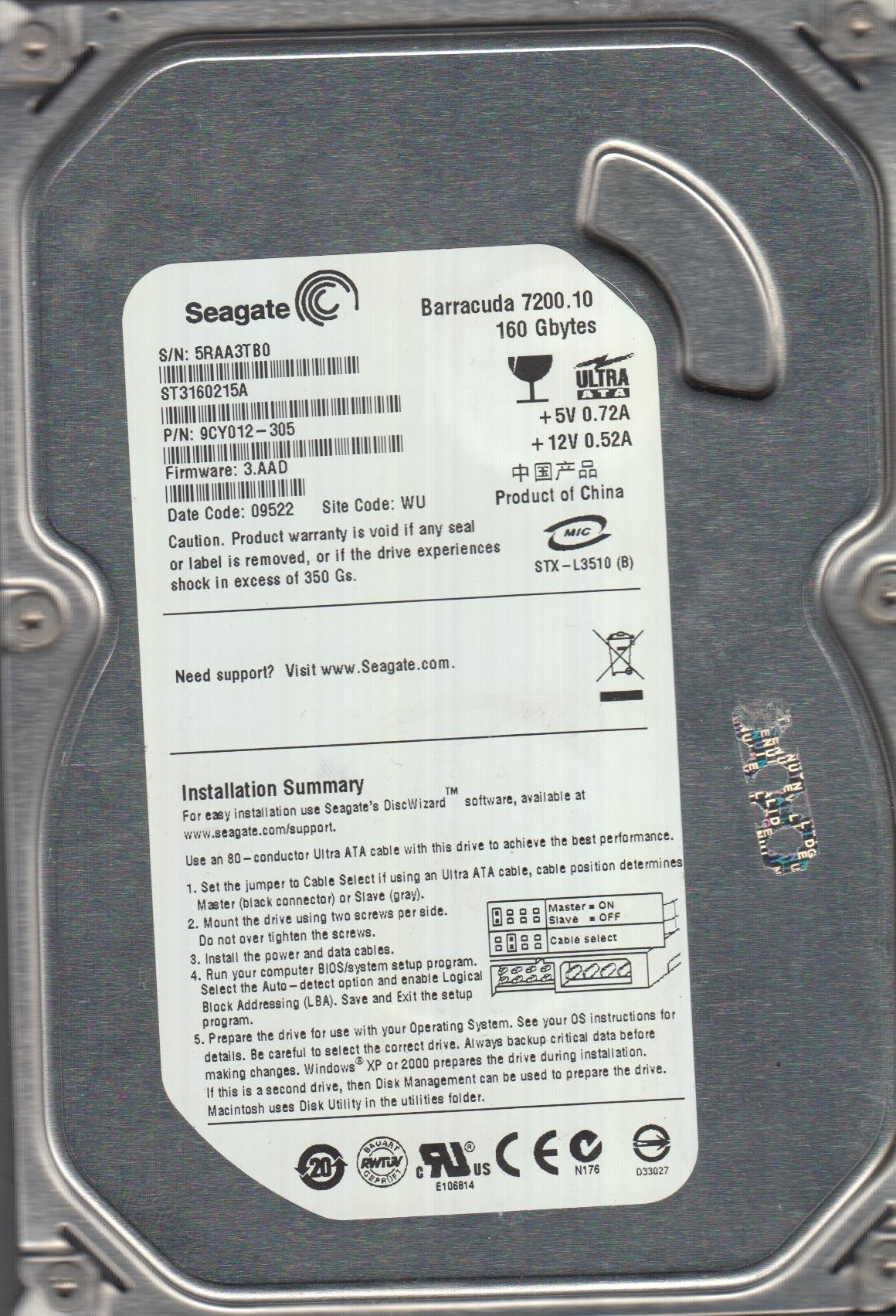 Seagate ST3160215A 160GB 7200 RPM ATA 3.5" HD