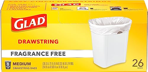 Glad Medium Drawstring Trash Bags, 8 Gallon, White, Fragrance Free, 26 Count, Pack May Vary