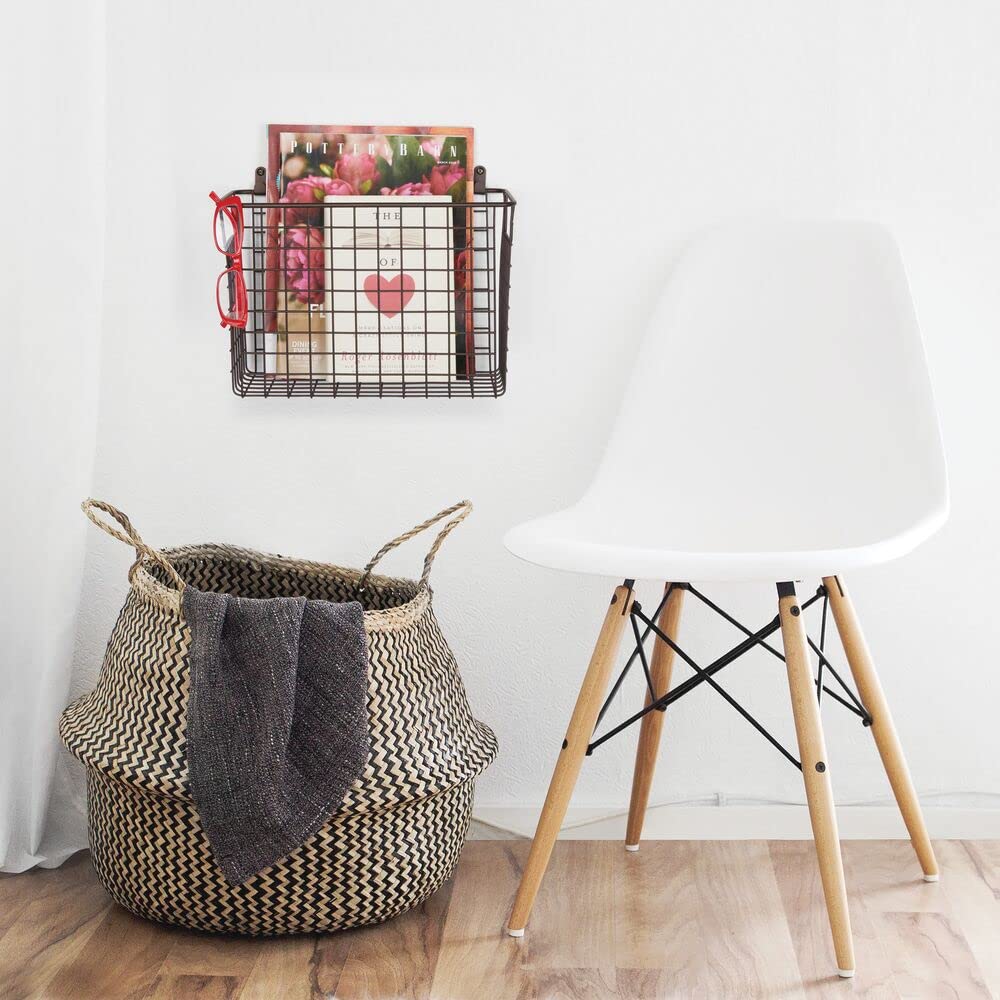 mDesign Portable Metal Farmhouse Wall Decor Storage Organizer Basket Bin with Handles for Hanging in Entryway, Mudroom, Bedroom, Bathroom, Laundry Room - Wall Mount Hooks Included, Large - Bronze