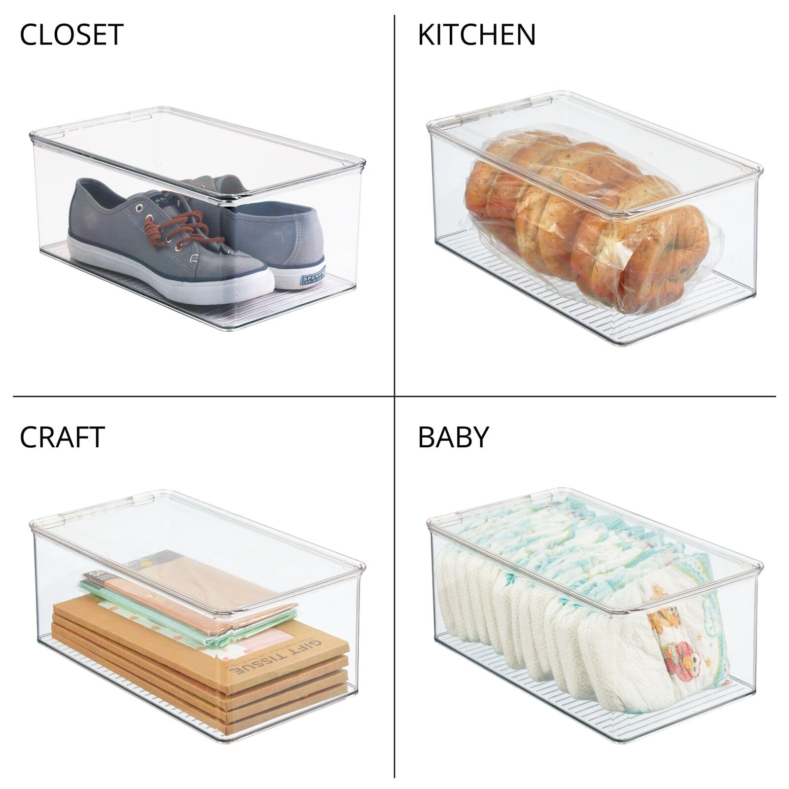 mDesign Stackable Plastic Closet Storage Container Bin Box with Hinge Lid for Organizing Shoes, Booties, Pumps, Sandals, Wedges, Flats, Heels - Lumiere Collection - 4 Pack - Clear