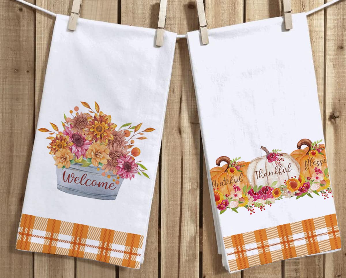 Buffalo Plaid Fall Pumpkin Autumn Flowers Kitchen Dish Towel 18 x 28 Inch Set of 2, Harvest Thanksgiving Holiday Tea Towels Dish Cloth for Cooking Baking