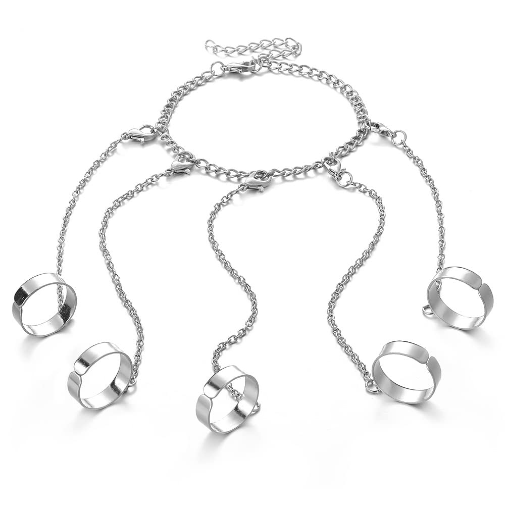BENBIYO Chain Finger Rings Bracelet Adjustable Stainless Steel Silver Gothic Punk Cool Statement Stackable Rings for Eboy Egirls Women