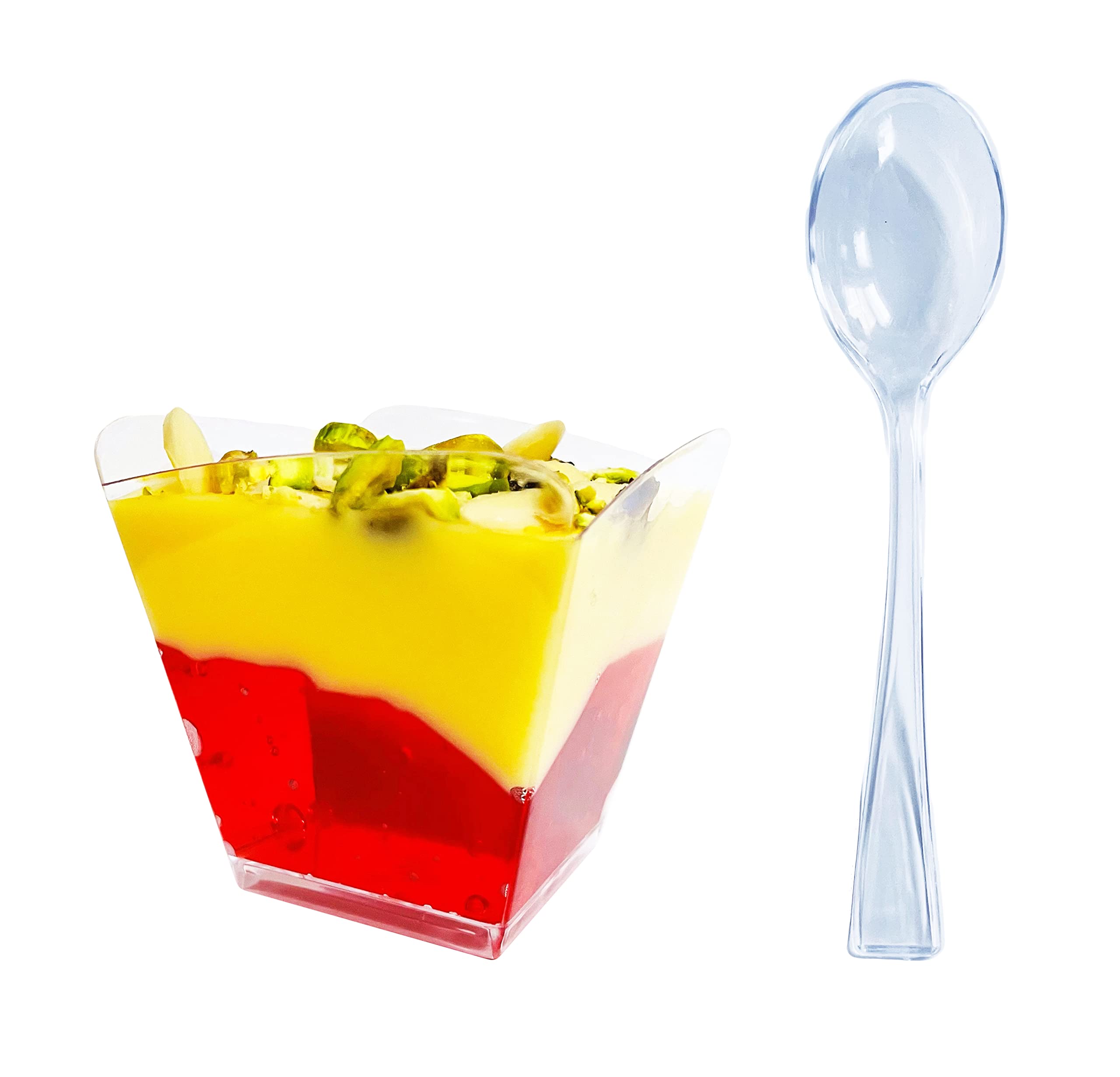 Blissful Dining 100 Counts 3oz Square Clear Plastic Dessert Cups with 100 Counts Clear Plastic Spoons. (3 Ounces, 100 Serving Cups and Spoons)