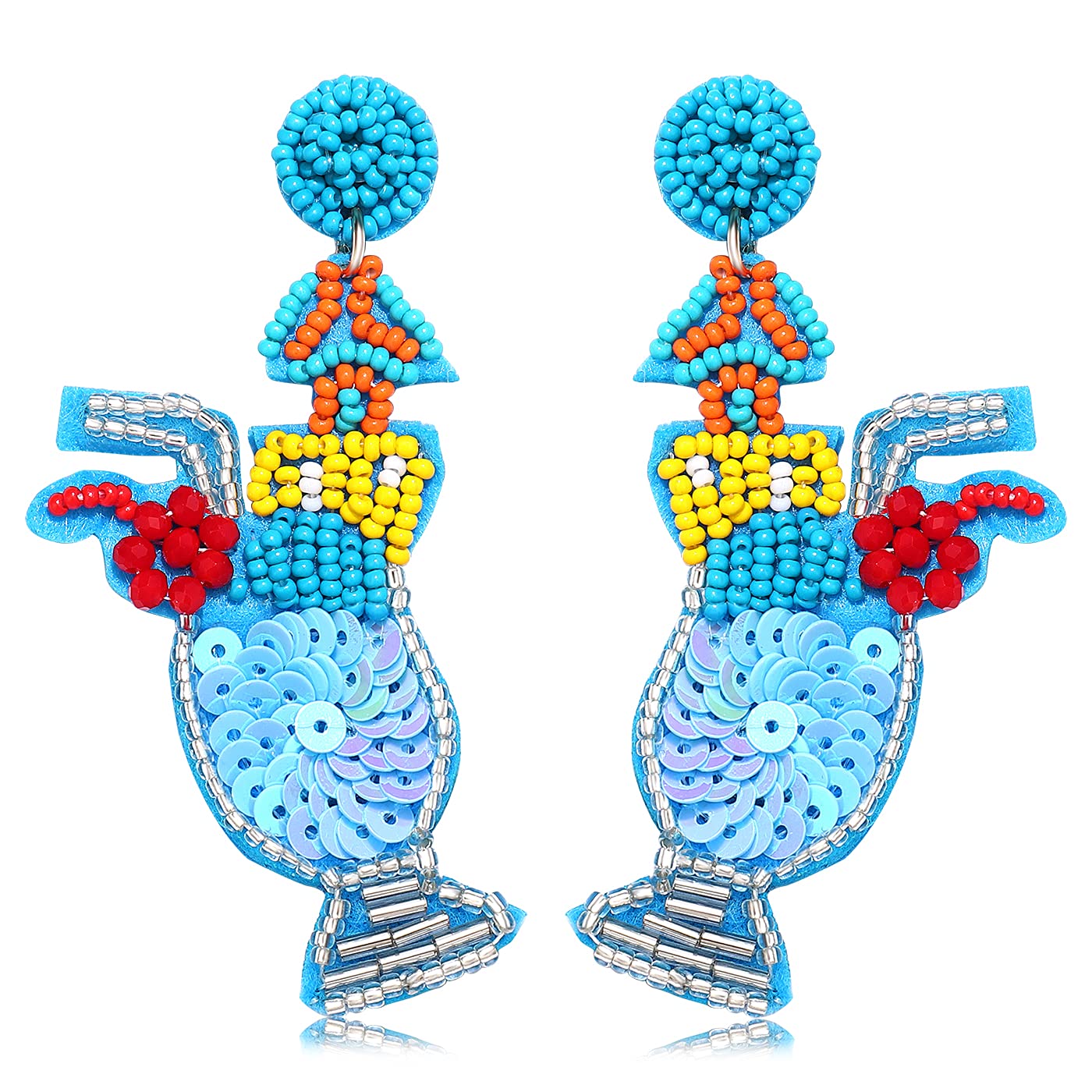 Boderier Beaded Earrings Statement Hand Beaded Tropical Drink Beaded Statement Earrings Summer Party Cute Beaded Cocktail Glass Earrings Blue