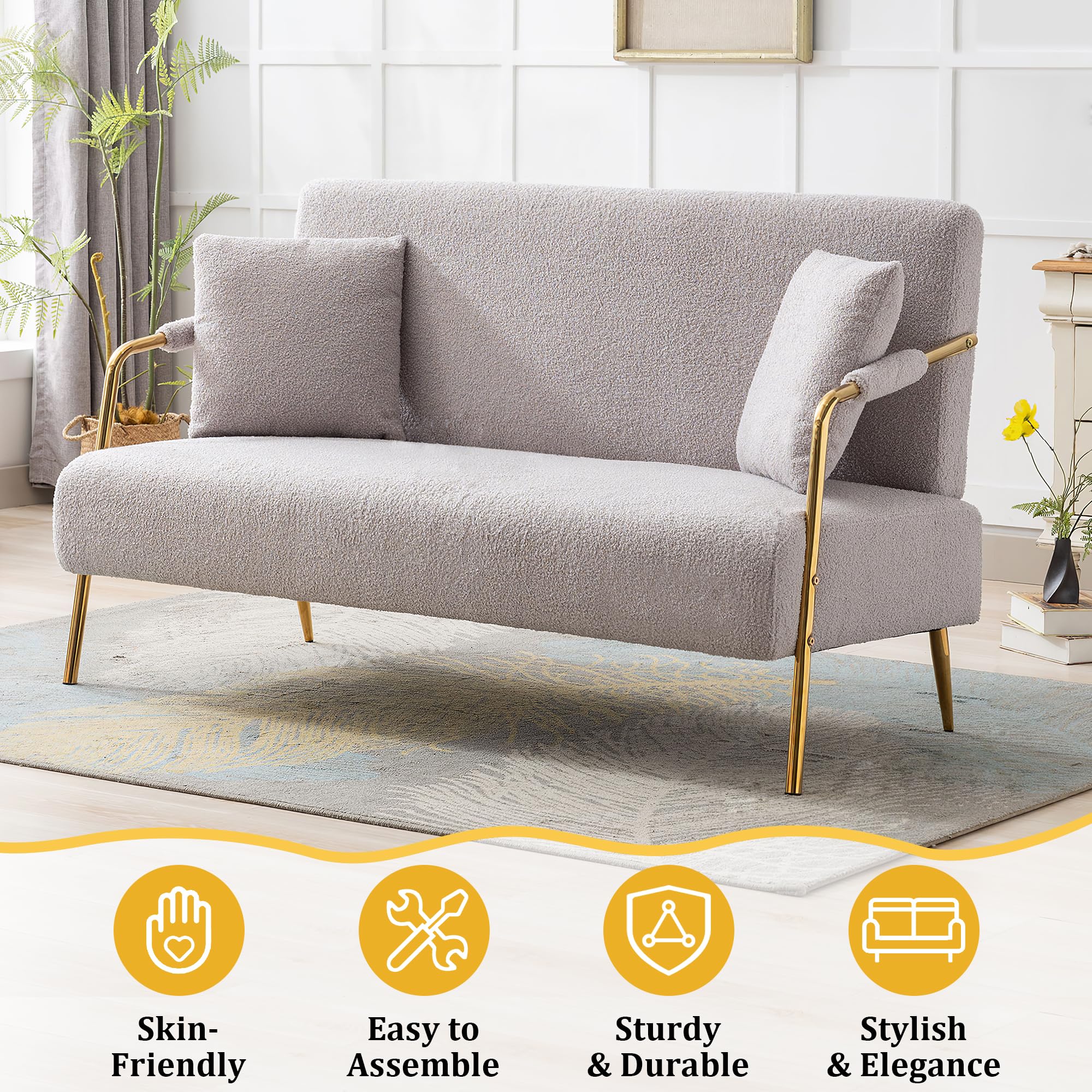 Dolonm 60" Bouclé Loveseat Sofa, 2 Seater Upholstered Sofa Couch with 2 Pillows, Mid Centry Teddy Fabric Sofa with Gold Metal Legs, Sofa for Small Space, Apartment, Office, Bedroom