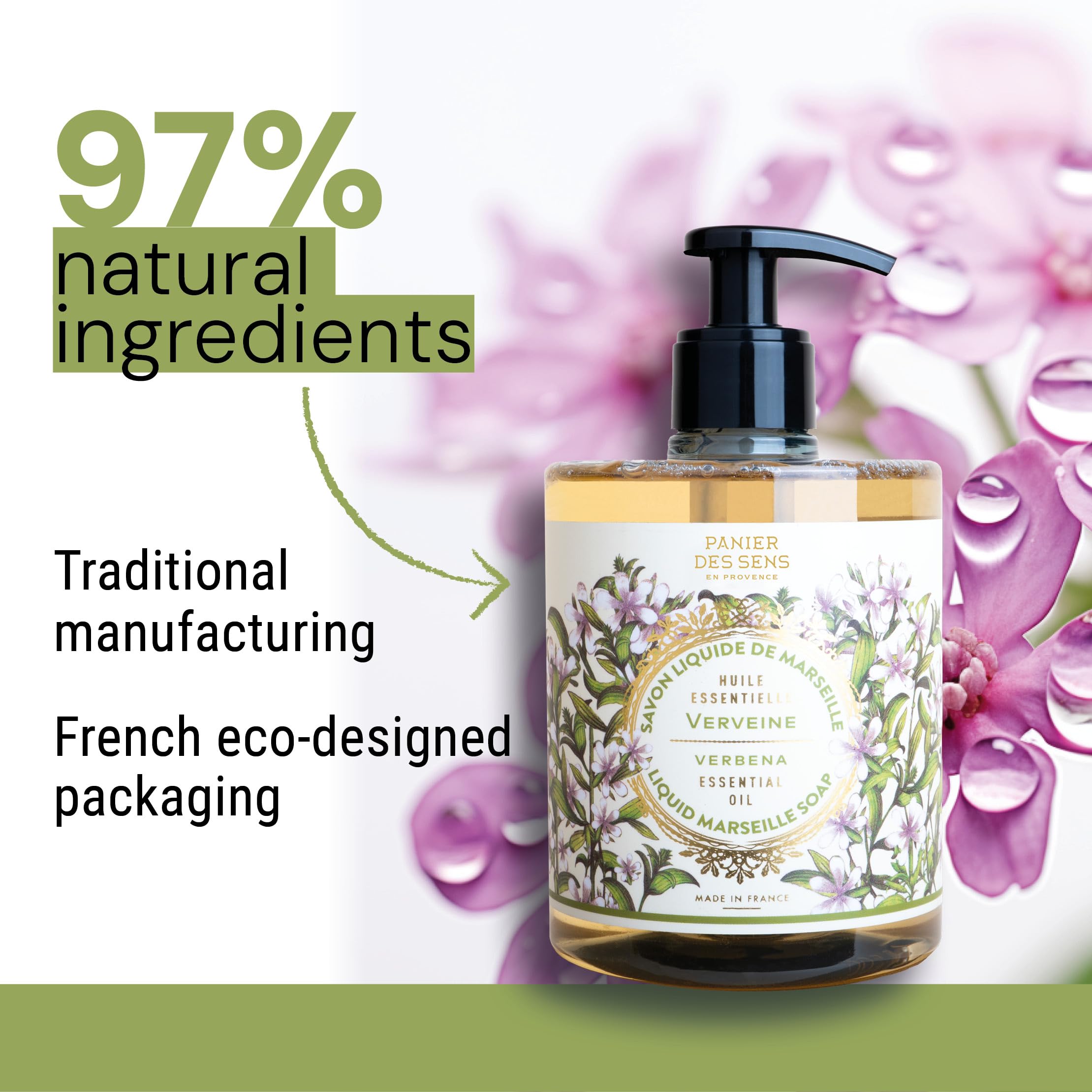 Panier des Sens - Liquid Hand Soap - Verbena Hand Wash - French Marseille Moisturizing Hand Soap with Coconut Oil - Refillable Kitchen & Bathroom Hand Soap - 97% Natural Ingredients -16.9 Fl.oz
