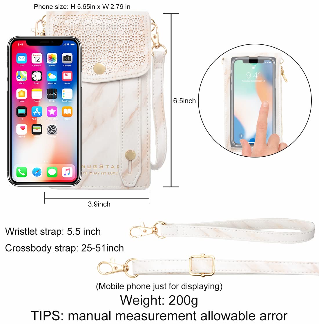 SNUG STAR Multi-purpose Card Holder Wallet-RFID Blocking,Lightweight Zipper Pocket Crossbody Bag with Touch Screen Purse for Most iphone Cell phones (Marble white)
