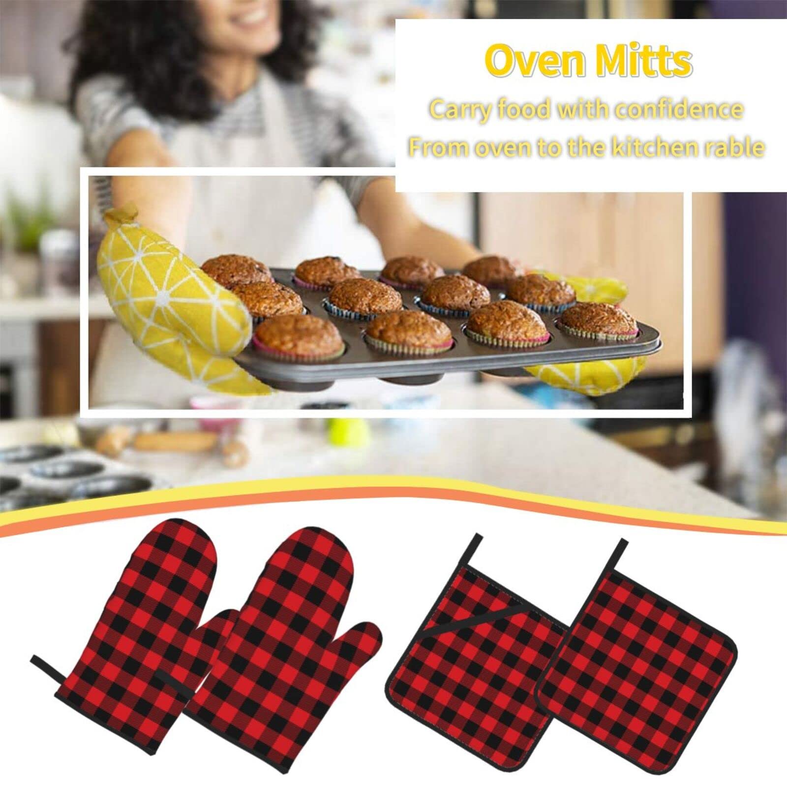 Buffalo Plaid Oven Mitts and Pot Holders Sets, 4 Piece Set, Heat Resistant Polyester Gloves and Pads for Kitchen Cooking Baking Grilling BBQ