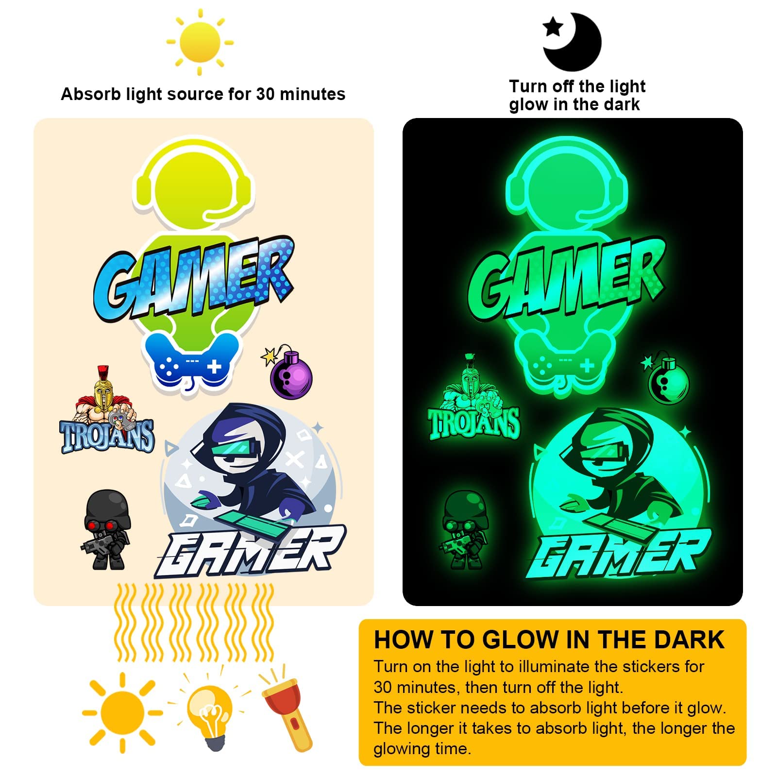 Gamer Room Decor,Gaming Wall Decals Sticker Boys Room Decor,Glow in The Dark Video Game Wall Stickers,Game Wall Decals for Gamer Bedroom Playroom