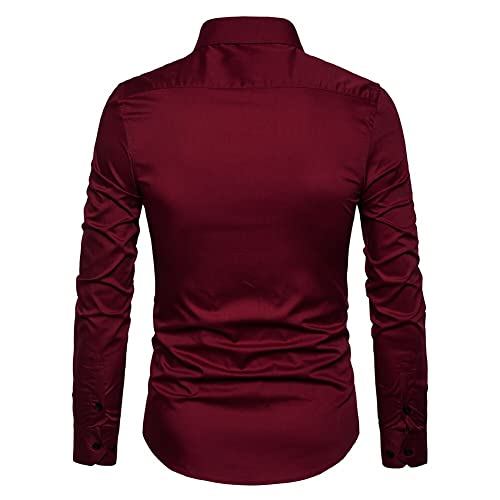 LOCALMODE Mens Casual Plain Button Down Easy Care Cotton Dress Shirts Slim Fit Business Long Sleeve Formal Shirts Wine Red Medium
