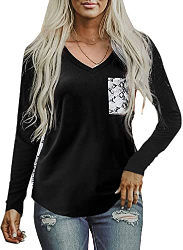 Diukia Women's Plus Size Loose V Neck Long Sleeve Tee Shirts Patchwork Pocket Top Printed Color Block Pocket Pullover Tops for Autumn Winter Spring White 2XL