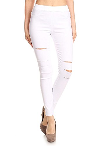 Jvini Women's Pull-On Ripped Distressed Stretch Legging Pants Denim Jean (X-Large, White)