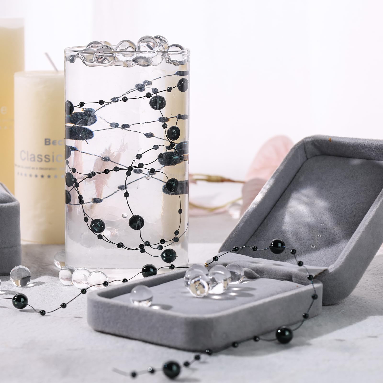 DOMESTAR 20PCS Black Candle Floating Vase Fillers, Floating Pearl Beads Strings Faux Pearls Beads and 4,000PCS Water Gel Beads, Vase Fillers No Hole Vase Pearls for Centerpiece
