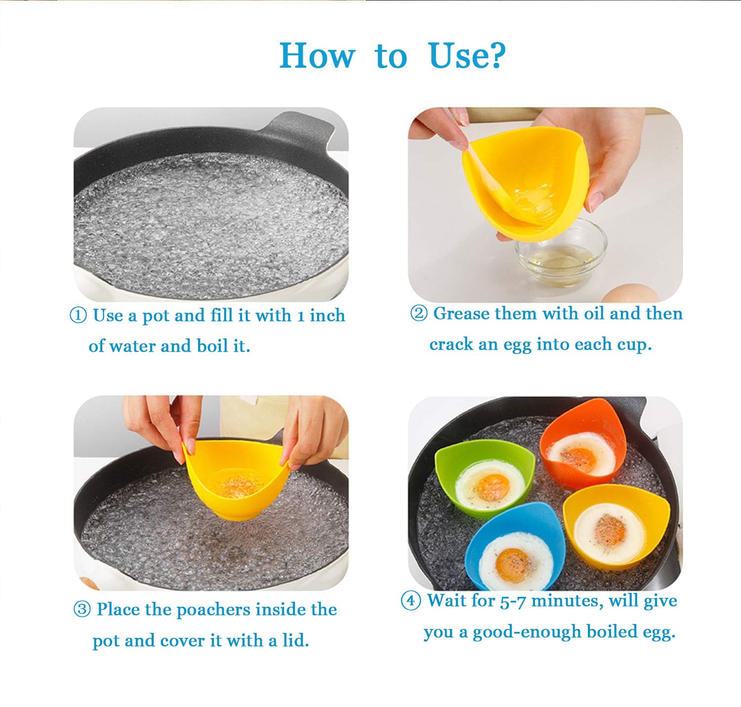 Egg Poacher, 4 Pack Egg Boiler Mold Cup, Poached Egg Cups with Ring Standers, Silicone Egg Poacher Cooker for Microwave Stovetop Air Fryer, with Extra Oil Brush, BPA Free