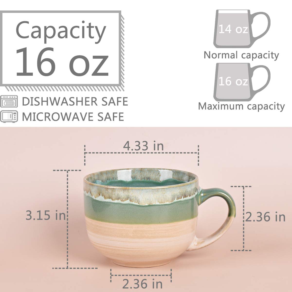 Bosmarlin Large Ceramic Coffee Mug Set of 2, Stoneware Jumbo Latte Mugs for Office and Home, 16 Oz, Dishwasher and Microwave Safe(Green, 2)