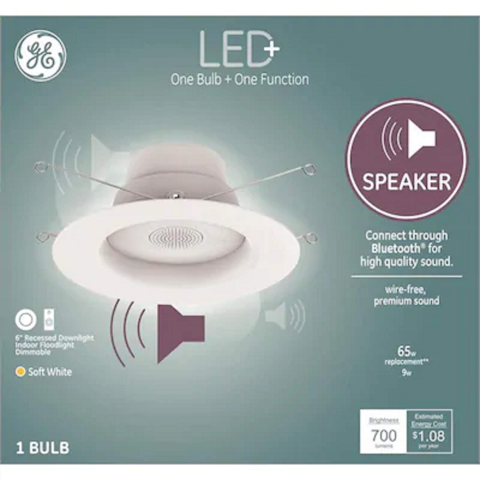 GE Lighting LED+ Speaker Recessed Downlight Fixture, 6-Inches, Soft White, Bluetooth Speaker, Remote Included (1 Pack)