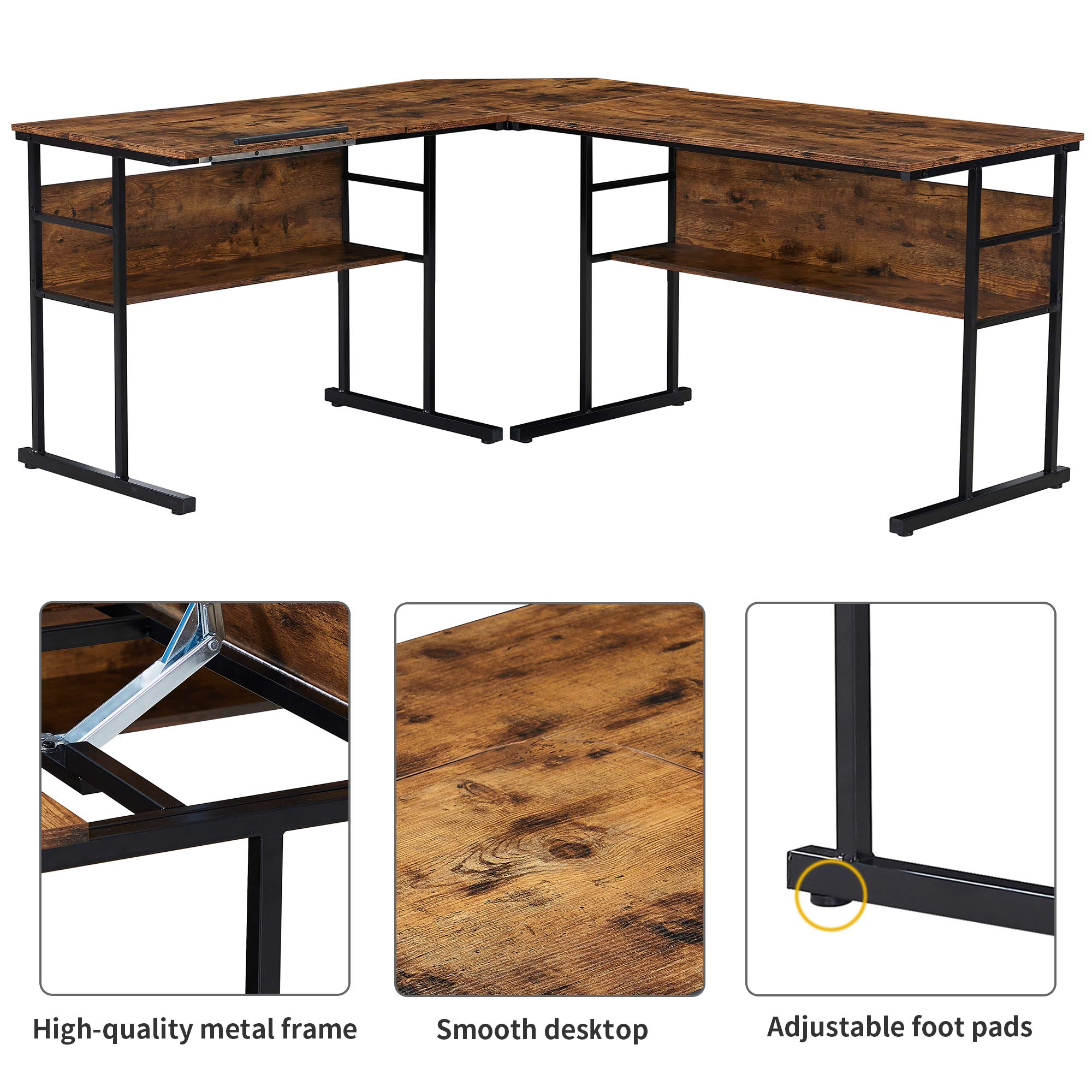 blackwolf 67 inches L-Shaped Desk, Corner Computer Desk with Bottom Bookshelves & CPU Stand, Drafting Drawing Table with Tiltable Desktop, Corner Desk Computer Workstation Home Office Desk (Brown)