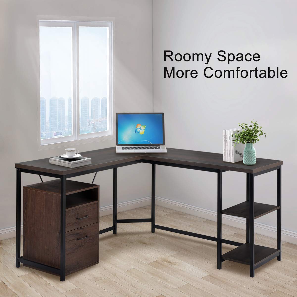 blackwolf Reversible L Shaped Desk with Shelves Computer Desk Gaming Table Workstation for Home Office