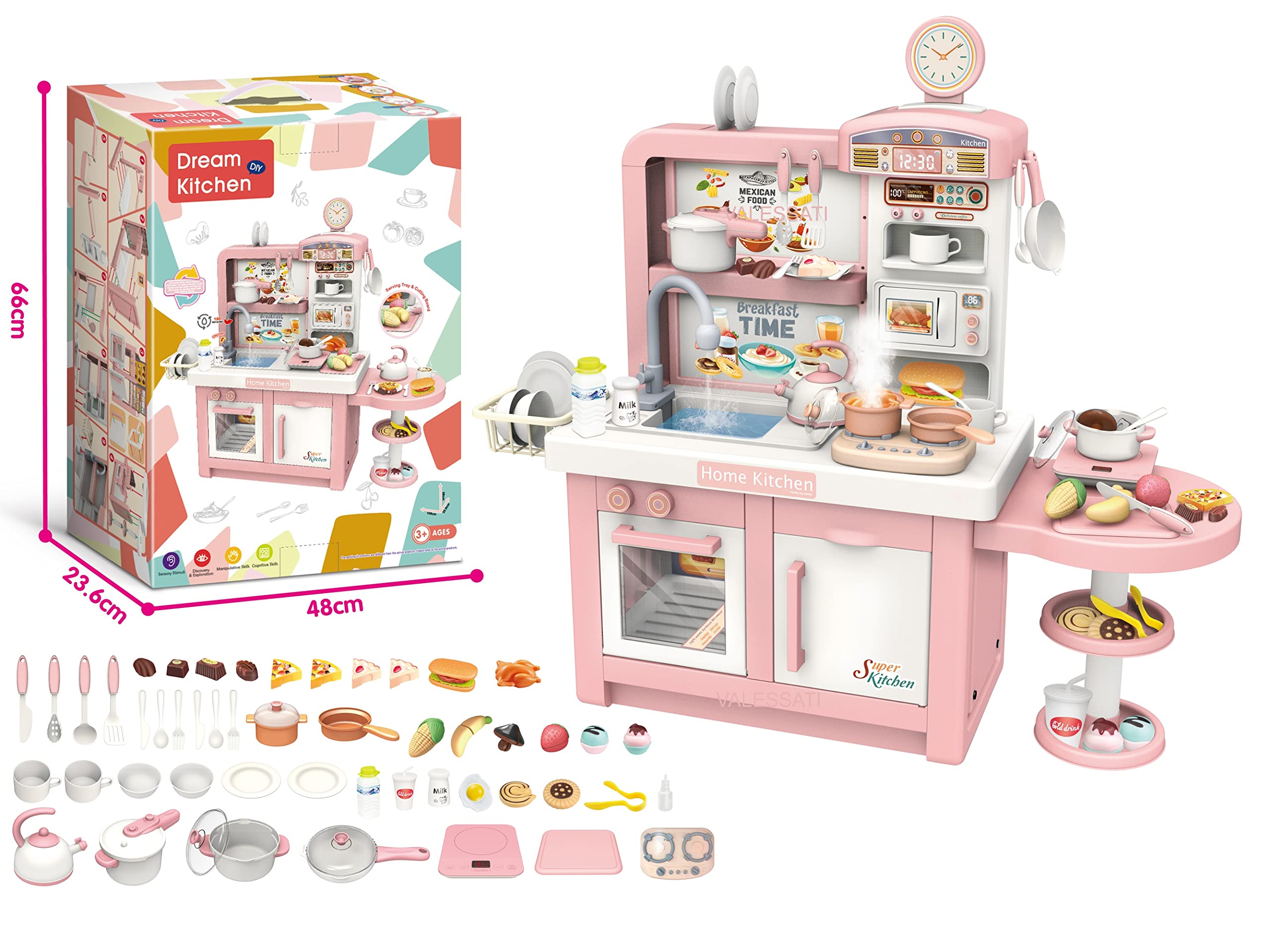 Big Modern Kitchen Set for Kids 49 pcs Pretend Play Cook with Sink, Light, Sound, Cutting Food, steam and Water Features, by VALESSATI
