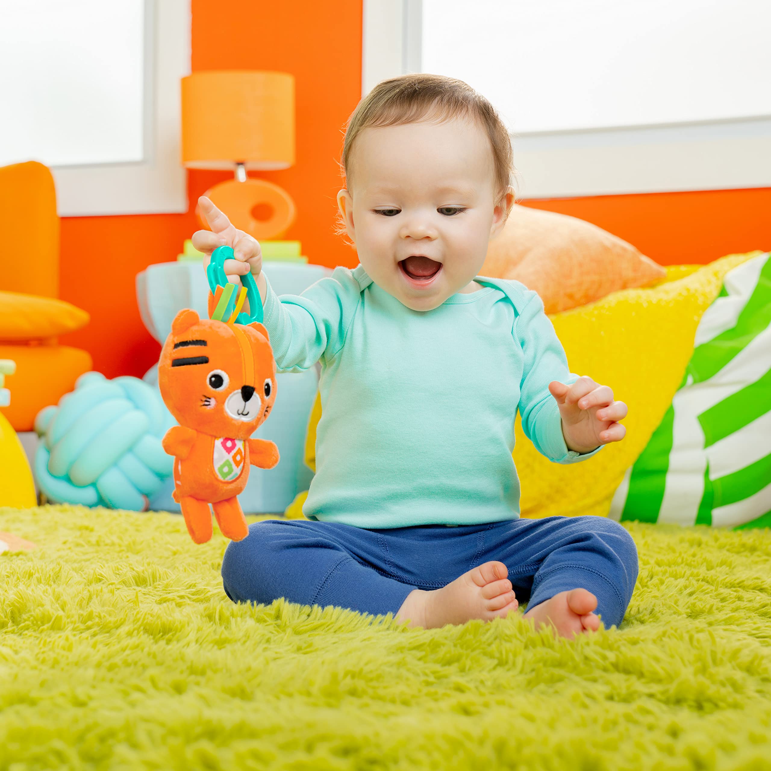 Bright Starts Jingle Joy Reach & Rattle Toy for Stroller - Tiger with Chime Sounds - Unisex, Newborn +