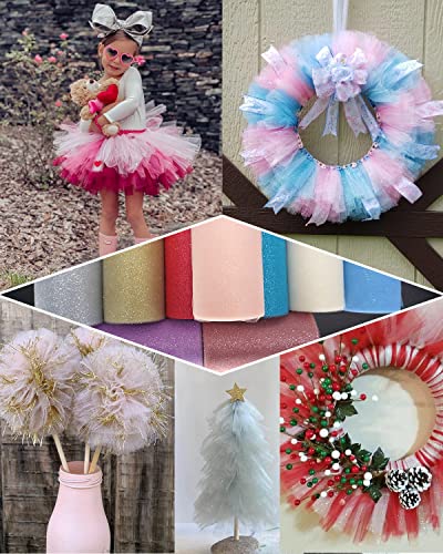 Glitter Gold Tulle Fabric Rolls, 6 Inch 50 Yards (150ft) Sparkling Spool Ribbon Sequin Netting for Tutu Skirt Gift Wrapping Wedding Party Decoration (White/Gold)