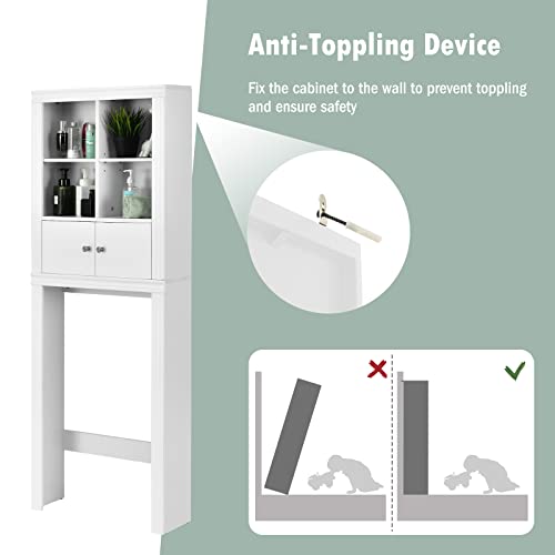 LOKO Over The Toilet Storage Cabinet, 2-Door Tall Bathroom Organizer w/ 4 Open Compartments & Adjustable Shelves, Modern Simple Toilet Space Saver, Ideal for Bathroom Laundry Balcony (White)