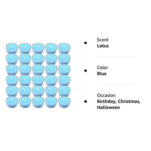 Kenking Lotus Scented Tealight Candles, 30 Pack Soy Wax Light Blue Tea Lights in Clear Cup, 4-5 Hour Burn Time for Dinner Table, Halloween Christmas and Holiday